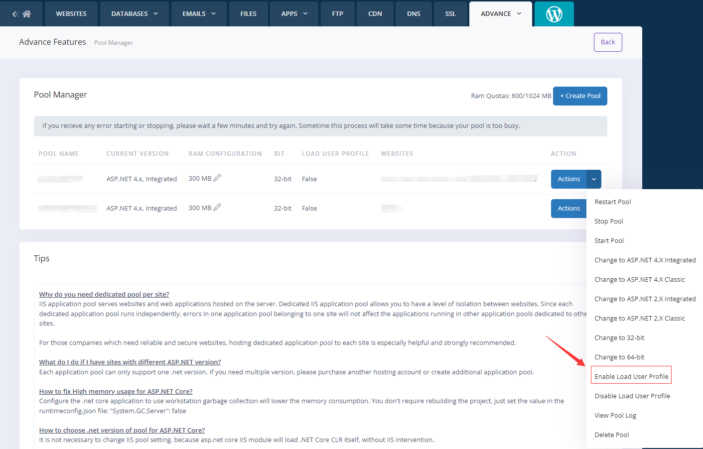 How to enable application pool load user profile - SharkASP.NET