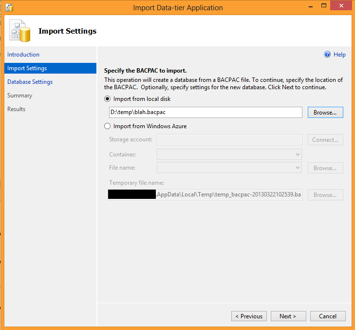 How to restore Azure Database .bacpac file to SQL Server